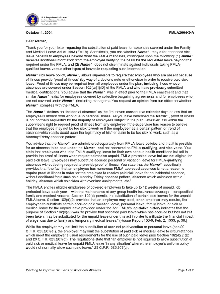 Department of Labor: 2004 10 04 3A FMLA | Family And Medical Leave Act ...
