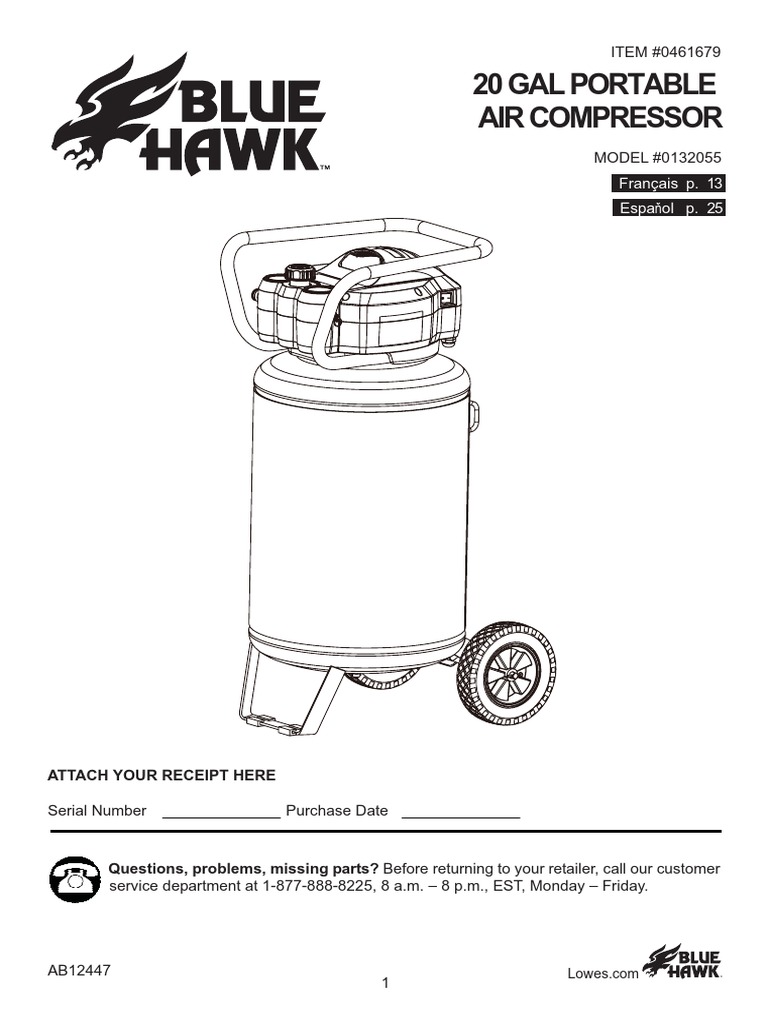 Lowe's #0461679 20 Gallon (20-Gal) Portable Air Compressor Blue Hawk ...