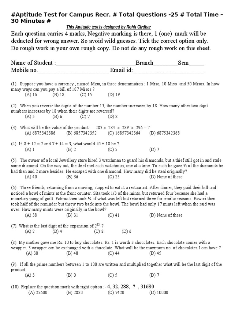 Campus Recruitment Aptitude Test | PDF | Teaching Methods & Materials