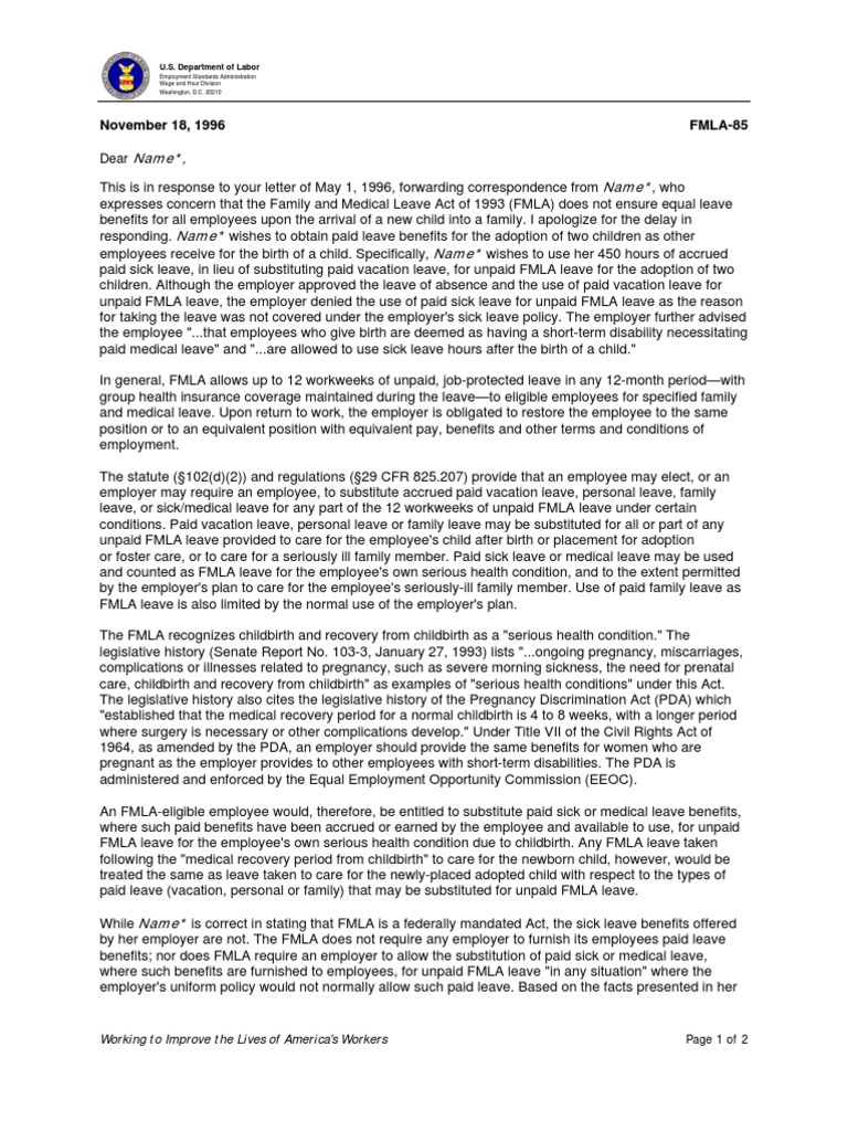 Department of Labor: FMLA-85 | PDF | Family And Medical Leave Act Of ...
