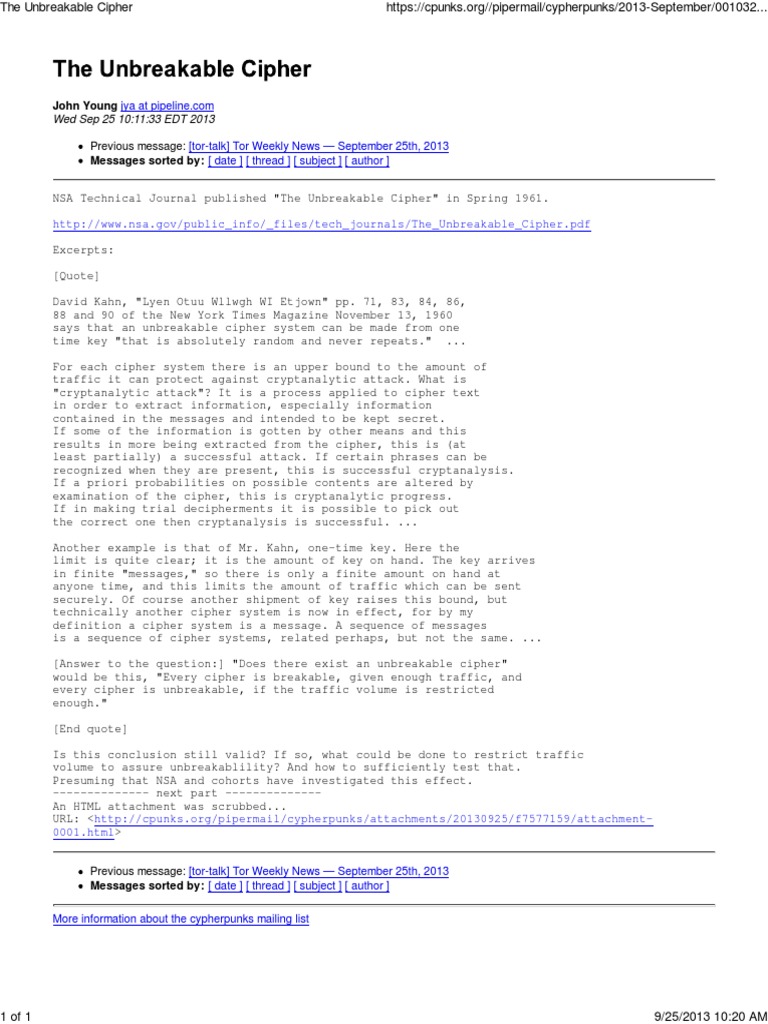 Unbreakable Cipher | PDF | Cryptanalysis | Cipher