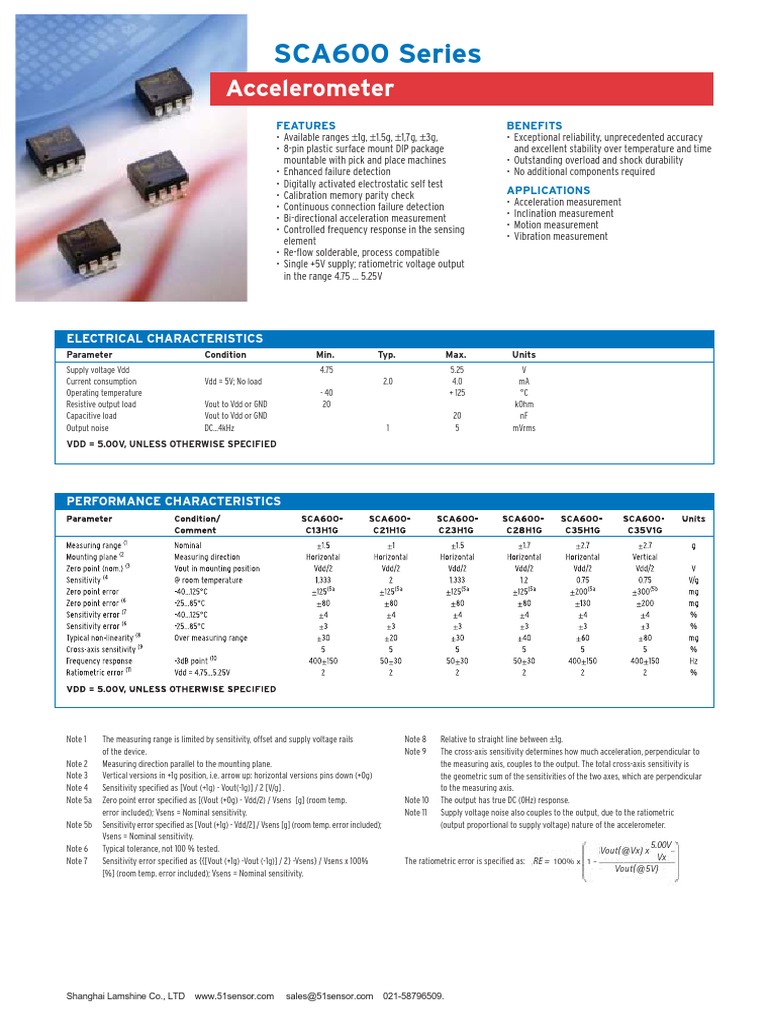 Accelerometer SCA600 - Series - Megger | PDF | Accelerometer | Electromagnetic Compatibility