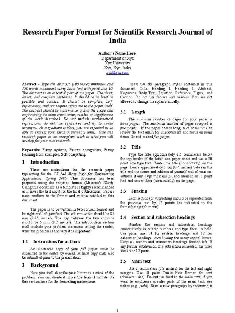 Research Paper Format For Scientific Research Journal of India ...