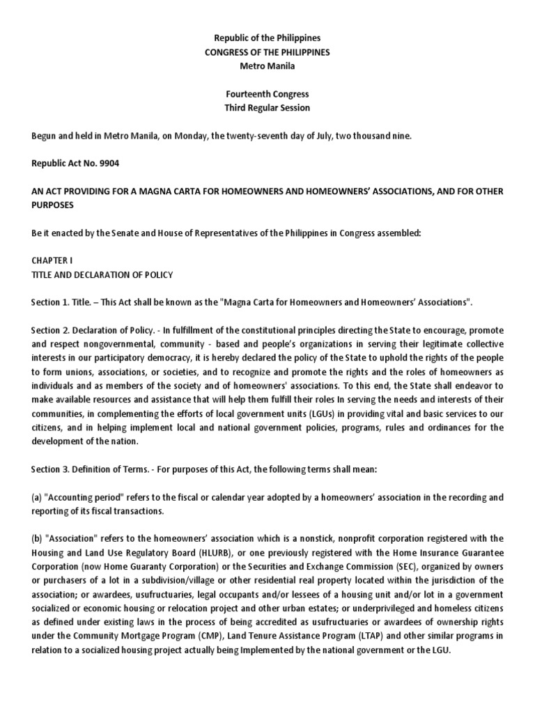 RA 9904 Magna Carta For Homeowners and Homeowners' Associations | PDF ...