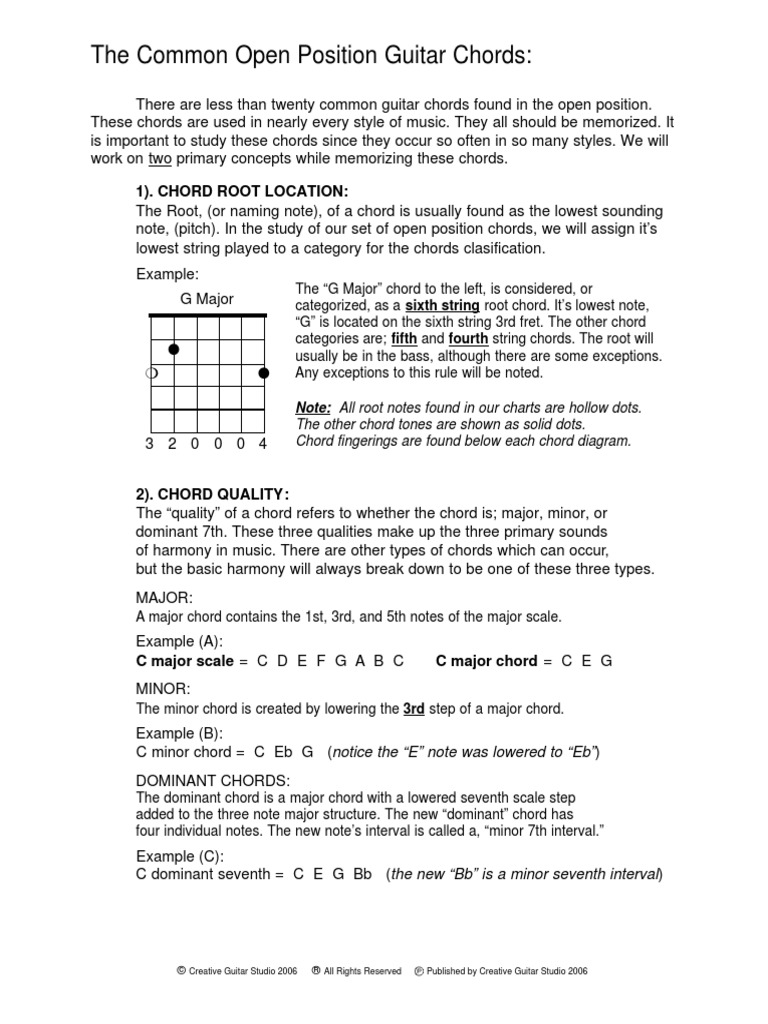 The Common Open Position Guitar Chords:: 1) - Chord Root Location | PDF
