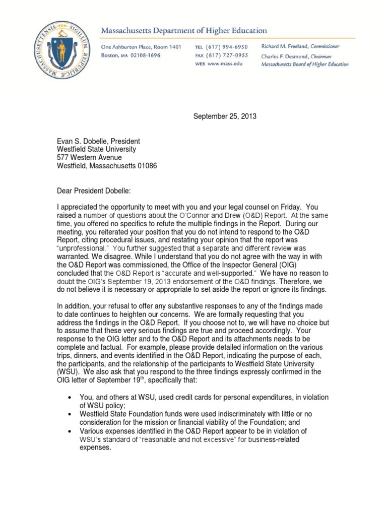 Sept. 25 Letter To Westfield State University President Evan Dobelle ...
