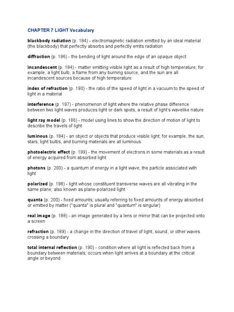 Chapter 7 Light Vocabulary | PDF