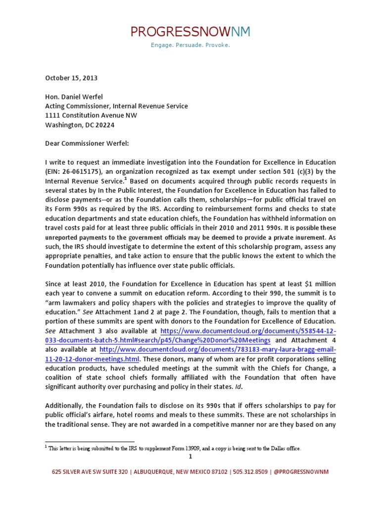 IRS Letter, Complaint Letter Regarding Foundation For Excellence in ...