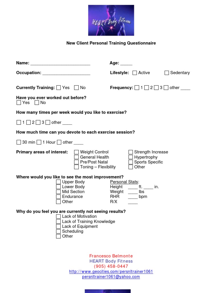 Client Personal Training Questionnaire | PDF | Personal Trainer ...