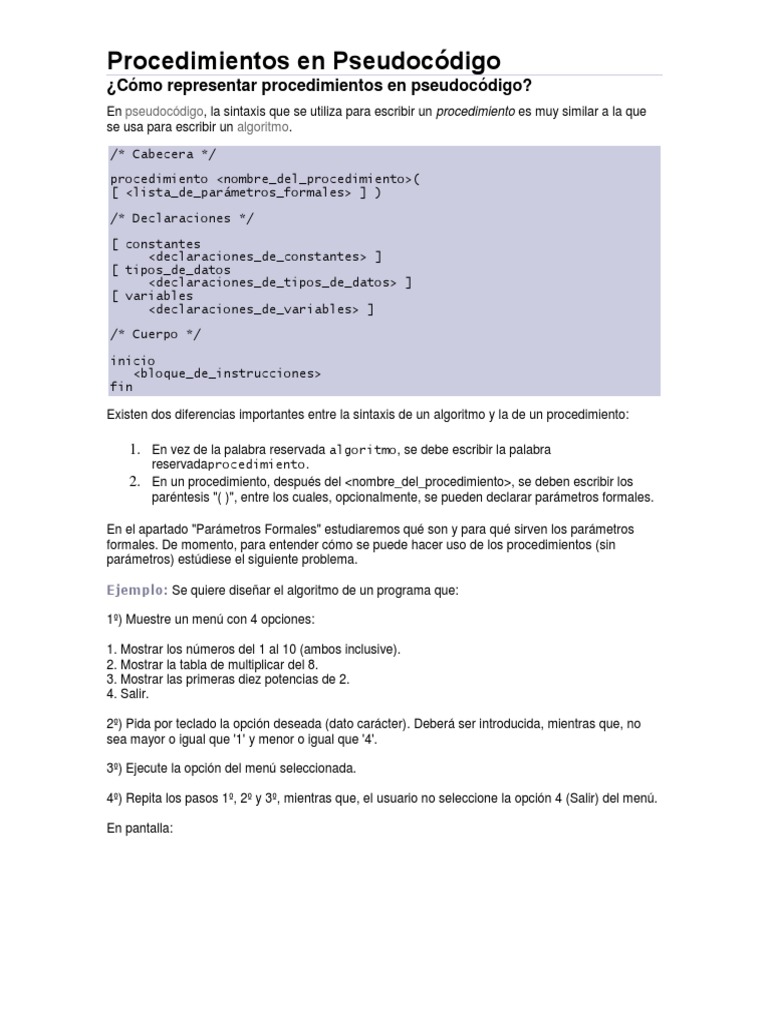Procedimientos en Pseudocódigo | PDF | Algoritmos | Variable (informática)