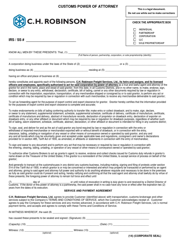 Customs Power of Attorney Template | PDF | Indemnity | Service Of Process