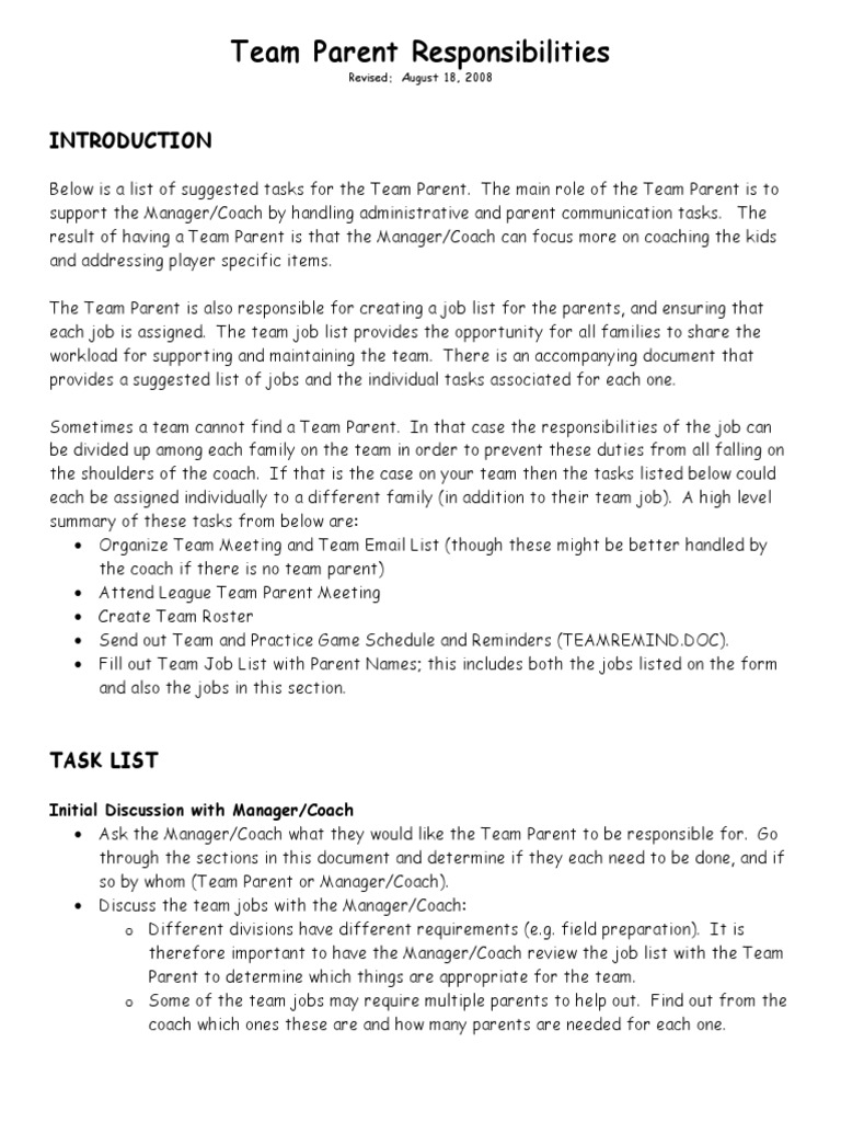 Team Parent Responsibilities | PDF | Email | Information