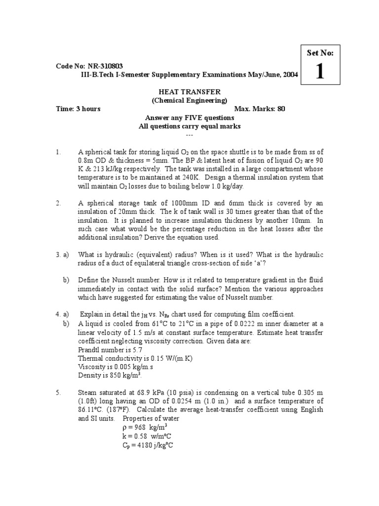 Heat Transfer Exam Questions for Chemical Engineering | PDF | Heat ...