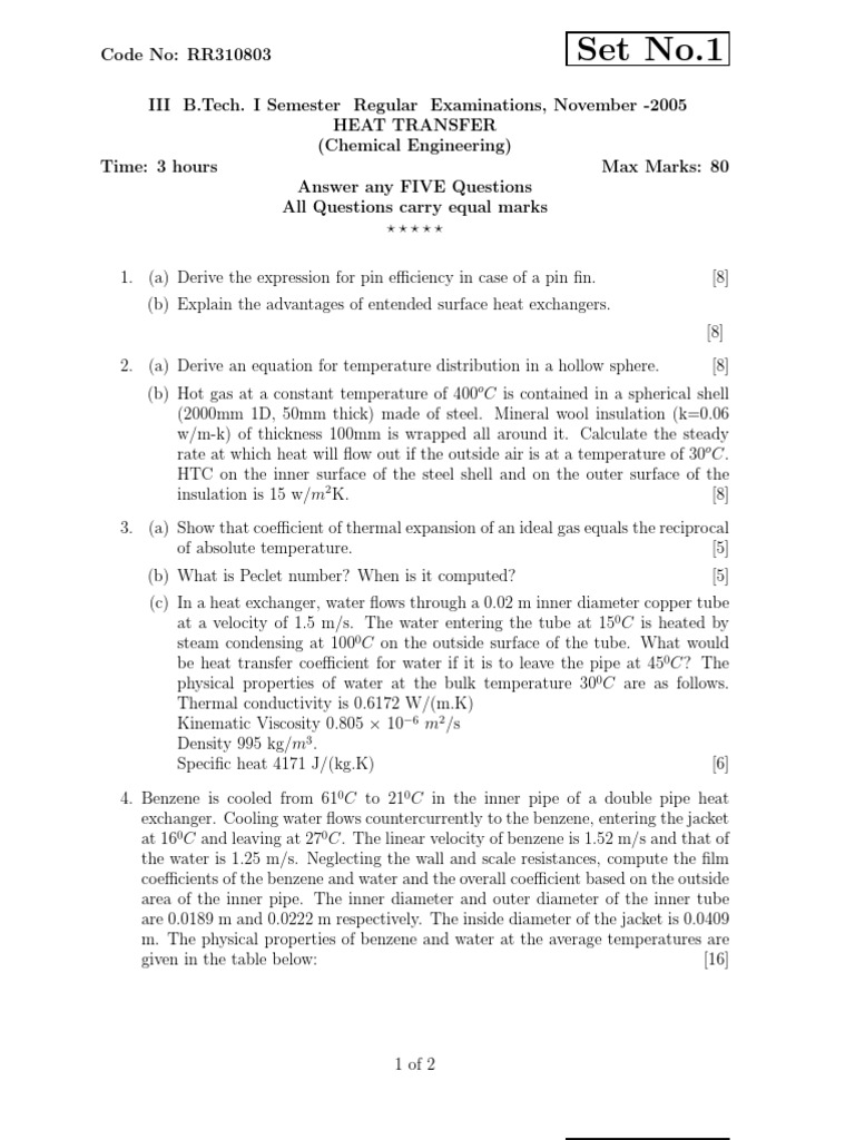 Heat Transfer Exam Questions - Chemical Engineering | PDF | Heat ...