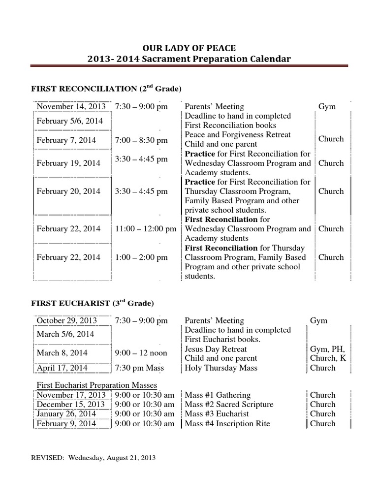 Our Lady of Peace 2013-2014 Sacrament Preparation Calendar: First ...