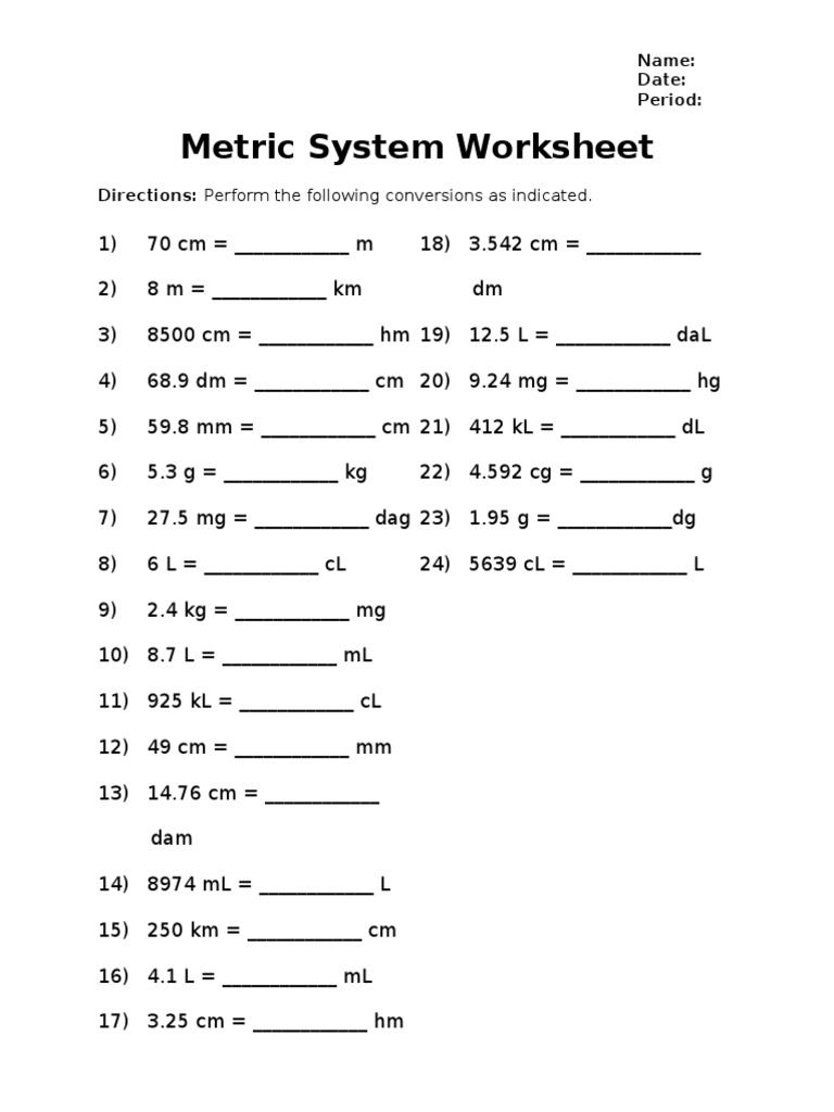 Metric System Worksheet | PDF