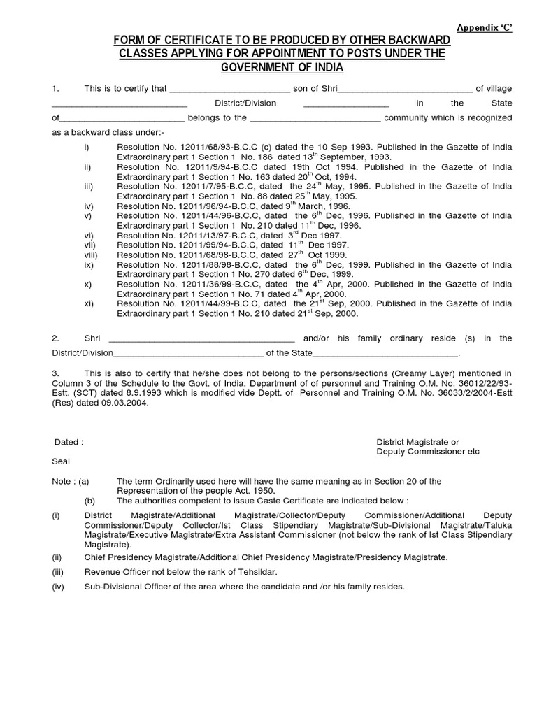 Caste Certificate Non Creamy Layer Format For OBC | PDF | Magistrate | Government Of India