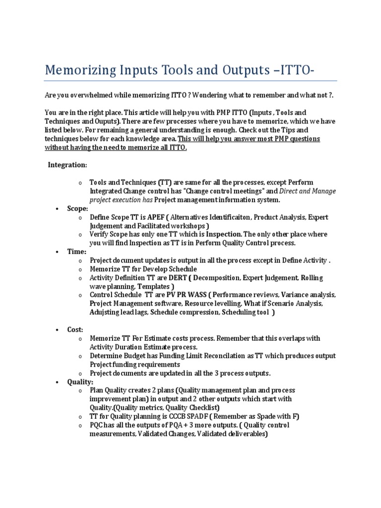 ITTO - Memorizing Inputs Tools and Outputs | PDF | Project Management ...
