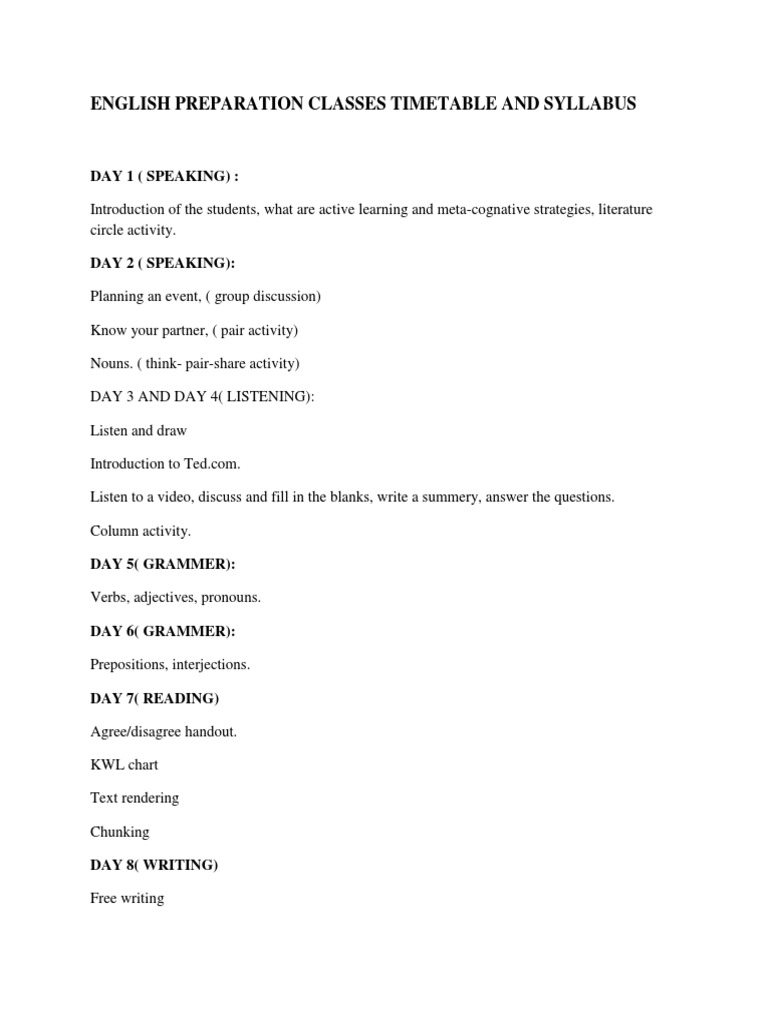 English Preparation Classes Schedule | PDF
