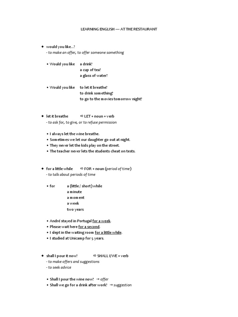 Learning English - at The Restaurant - Lexical Chunks PDF | PDF | Lunch ...