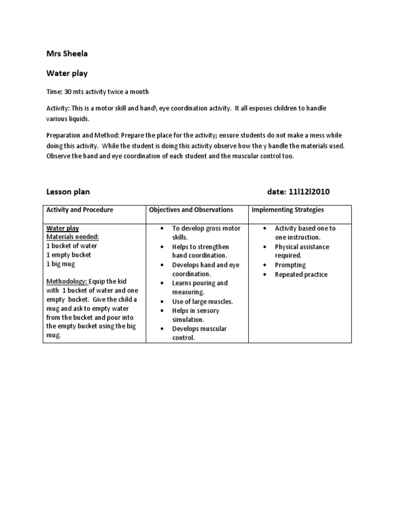 Mrs Sheela Water Play: Activity and Procedure Objectives and ...