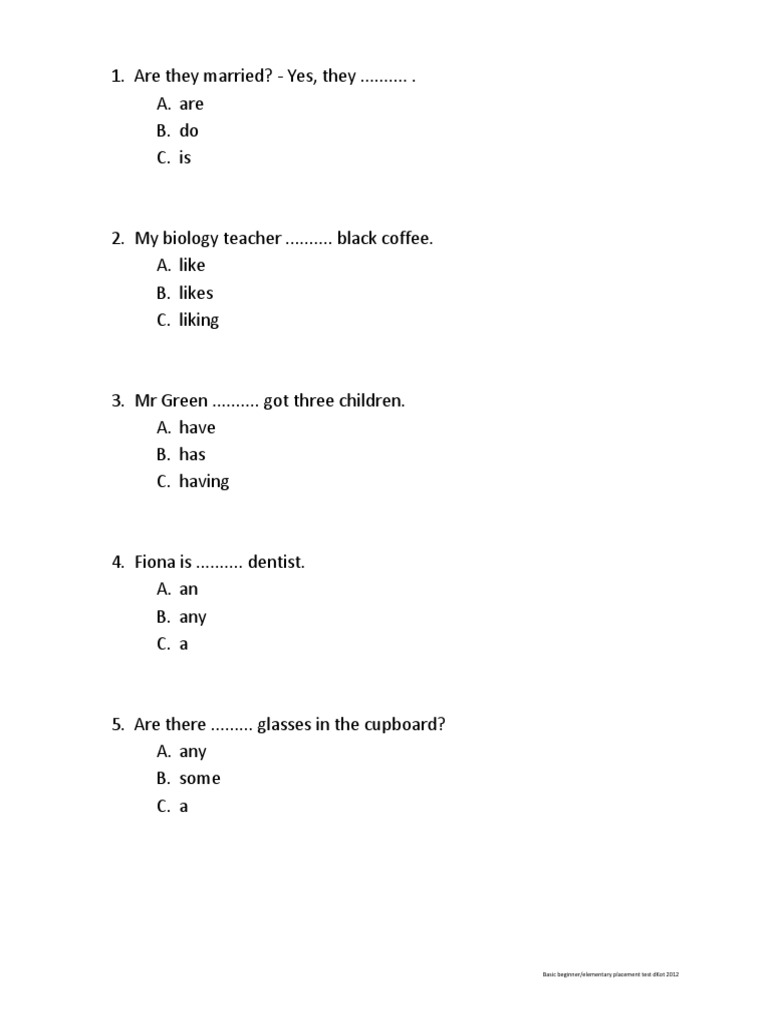 Basic Beginer Elementary Placement Test | PDF
