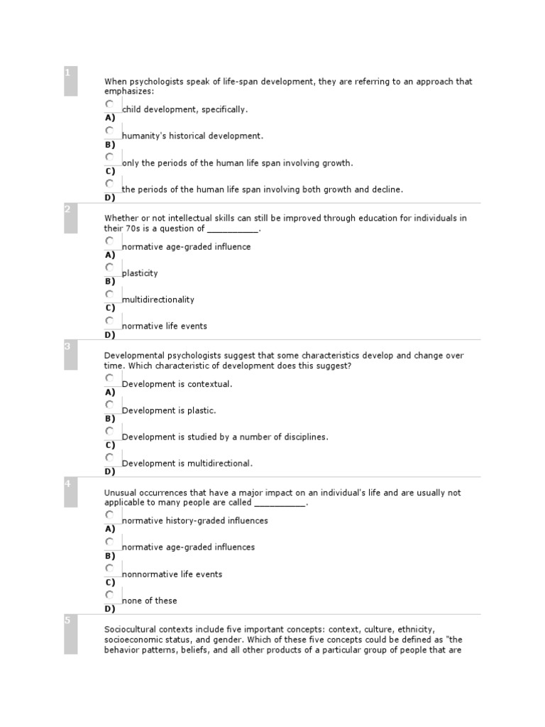 Life Span Development Quiz | PDF | Cognition | Thought