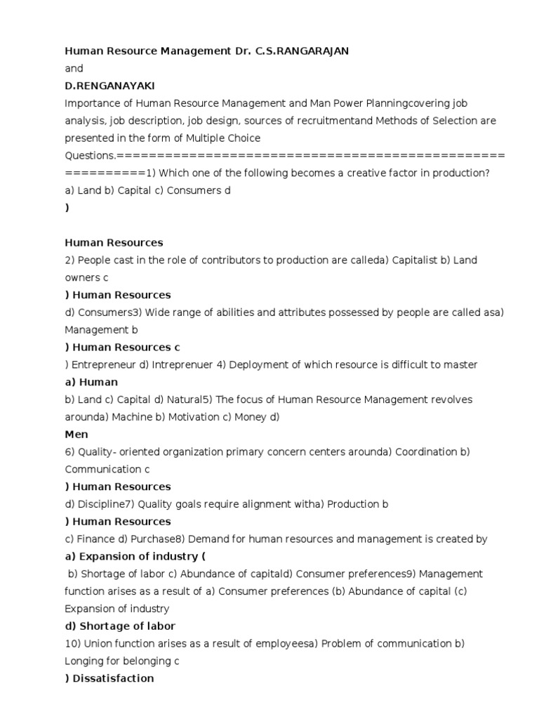 Human Resource Management Obj Questions | PDF | Human Resource ...