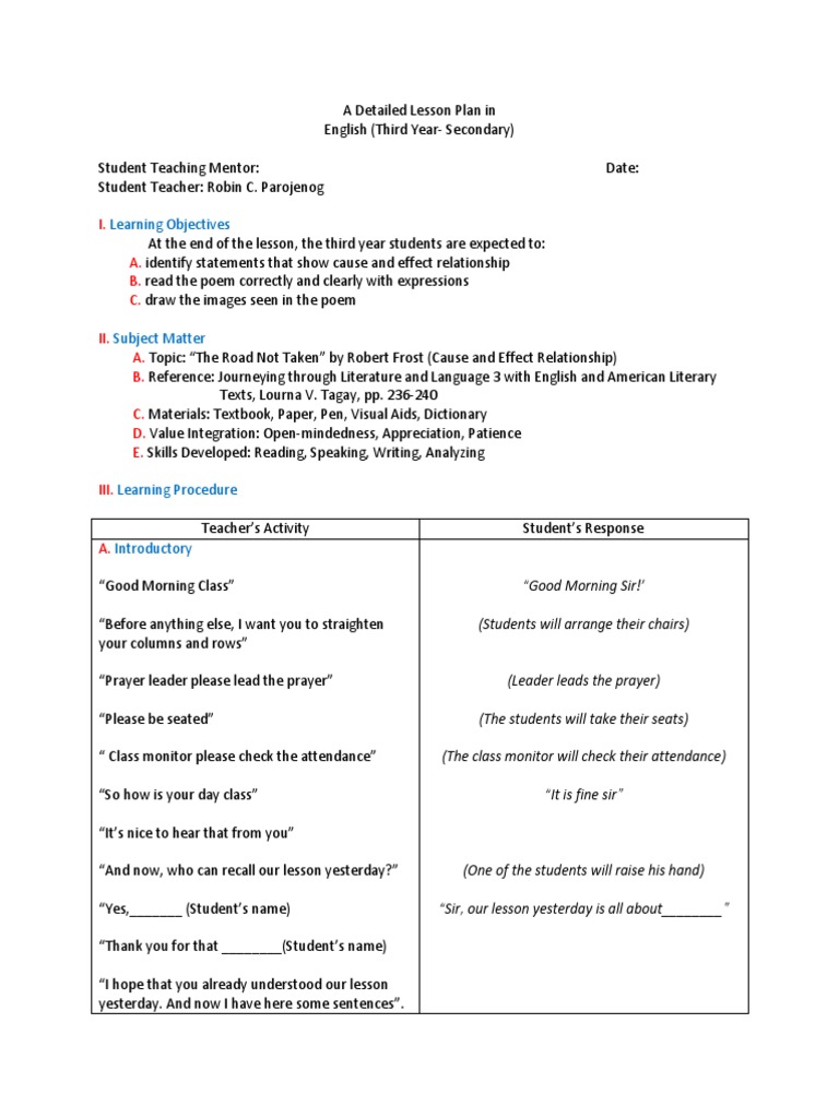 A Detailed Lesson Plan in English | PDF | Lesson Plan | Teaching And ...