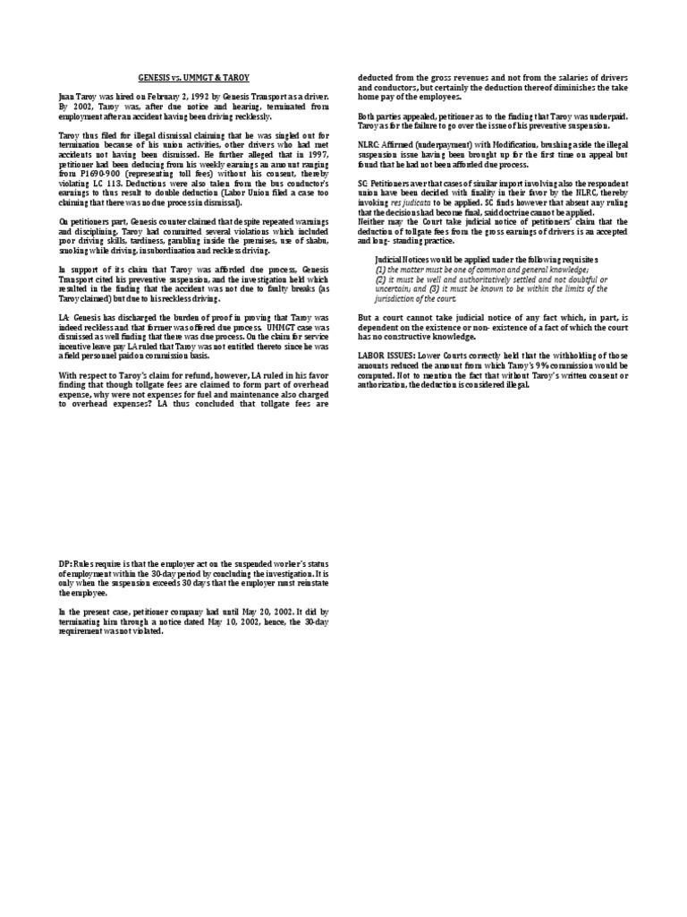 (Labor) Genesis vs. Ummgt Digest and Taroy | PDF | Judicial Notice ...