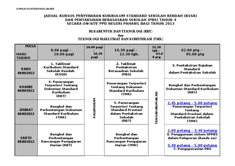 (Cadangan) Jadual Kursus On-Site (RBT & TMK) | PDF