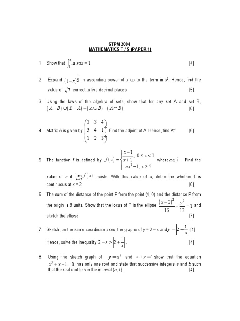 STPM 2004 Mathematics T / S (Paper 1) | PDF