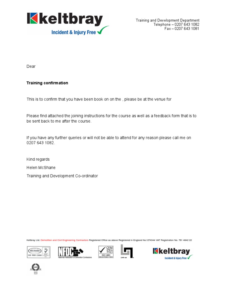 Training Confirmation Notice | PDF