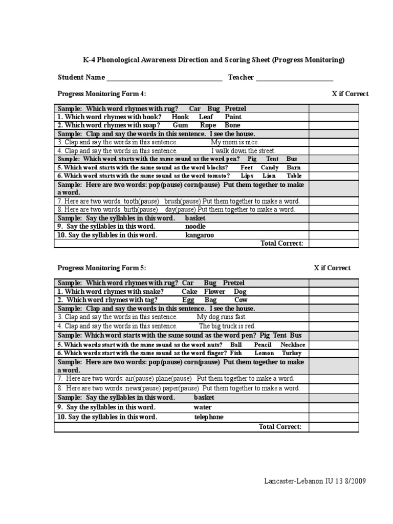 K-4 Phonological Awareness Direction and Scoring Sheet (Progress ...