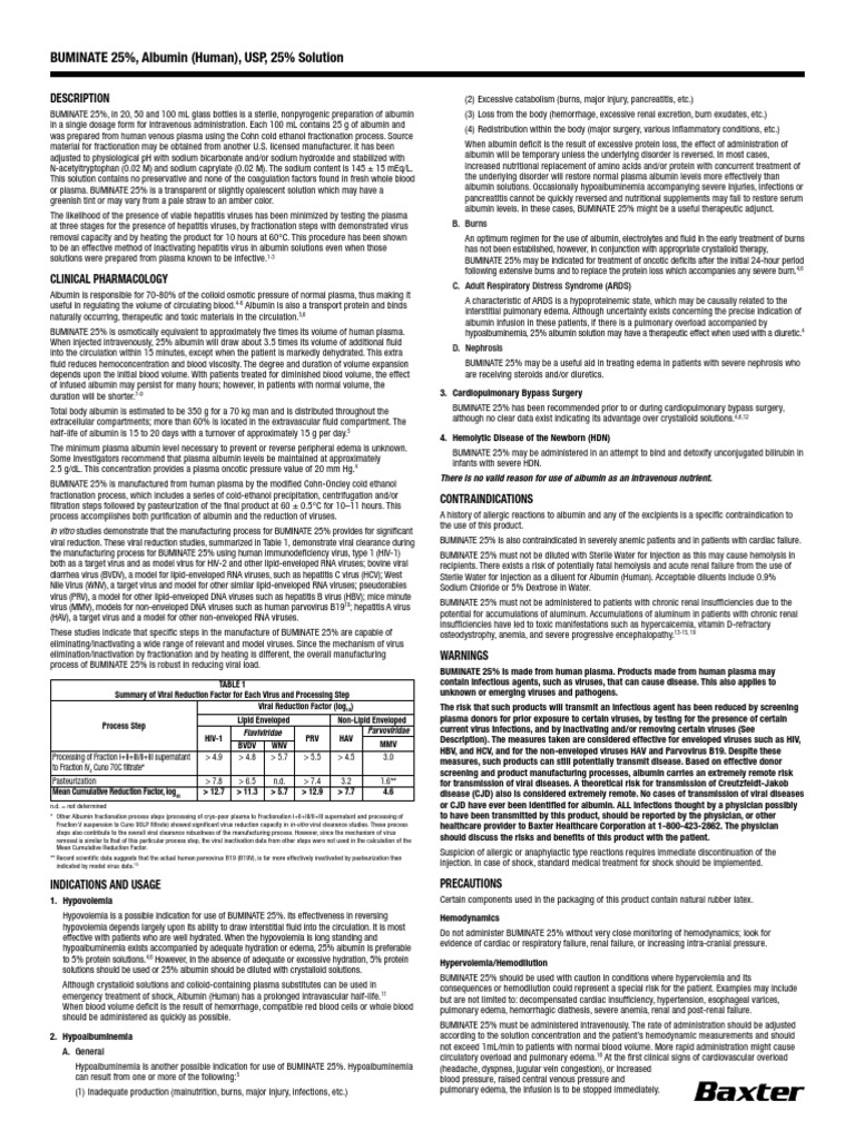 BUMINATE 25%, Albumin (Human), USP, 25% Solution: Description ...