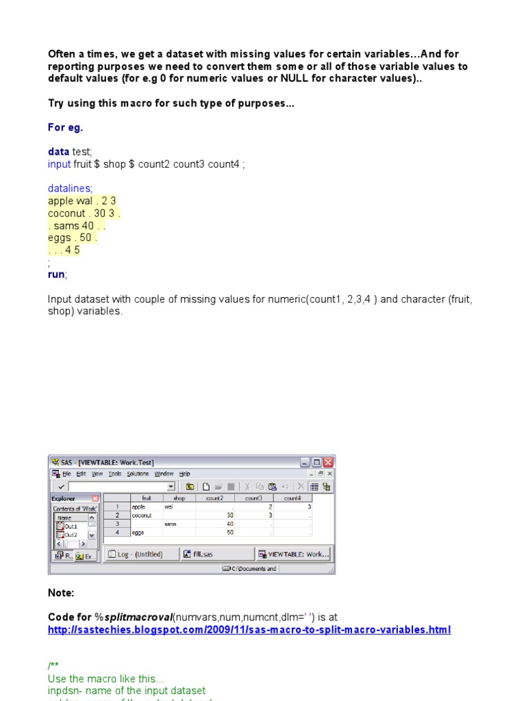 Sas Macro To Fill Missing Values In A Dataset With Specified Values For Numeric And Character