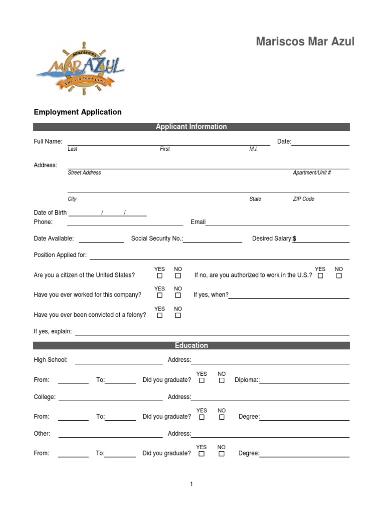 Mariscos Mar Azul Employment Application | PDF | Career & Growth