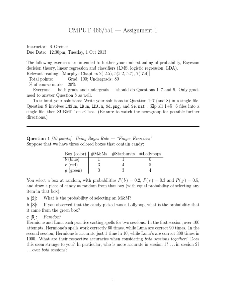 CMPUT 466/551 - Assignment 1: Paradox? | PDF | Median | Cross Validation (Statistics)