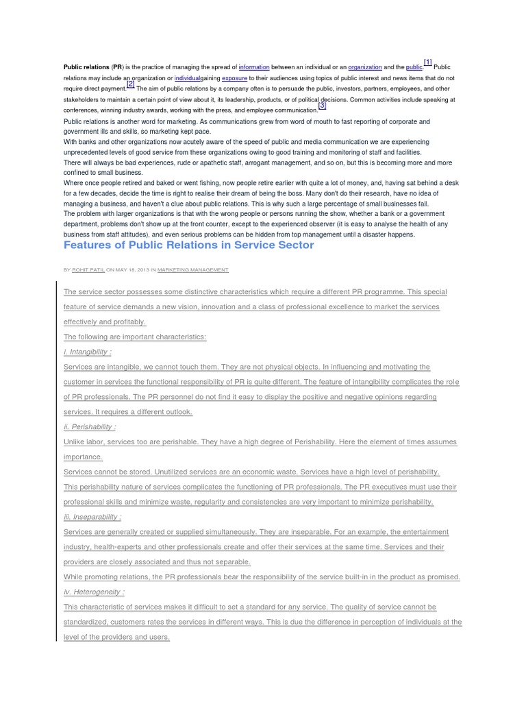Features Of Public Relations In Service Sector PDF Public Relations