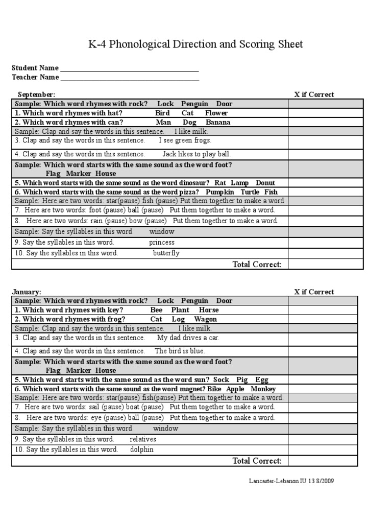 K-4 Phonological Assessment Sheet | PDF | Nature