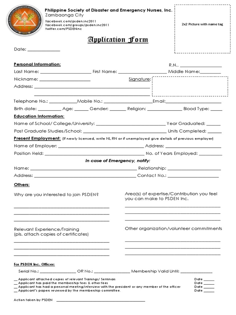 Application Form: Philippine Society of Disaster and Emergency Nurses ...