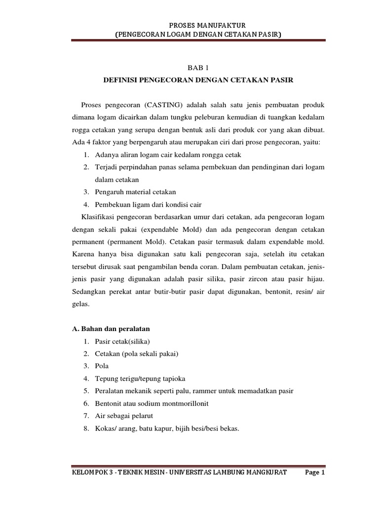Proses Pengecoran Logam Cetakan Pasir | PDF
