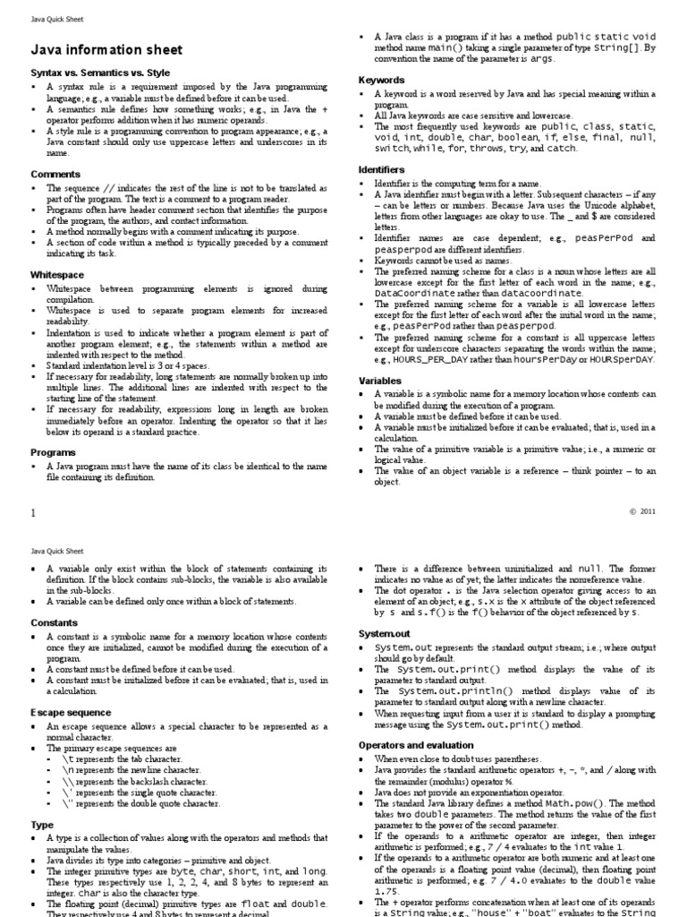 Java Information Sheet: Syntax vs. Semantics vs. Style Keywords | PDF ...
