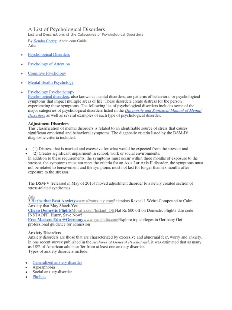 A List of Psychological Disorders | PDF | Personality Disorder | Mental ...