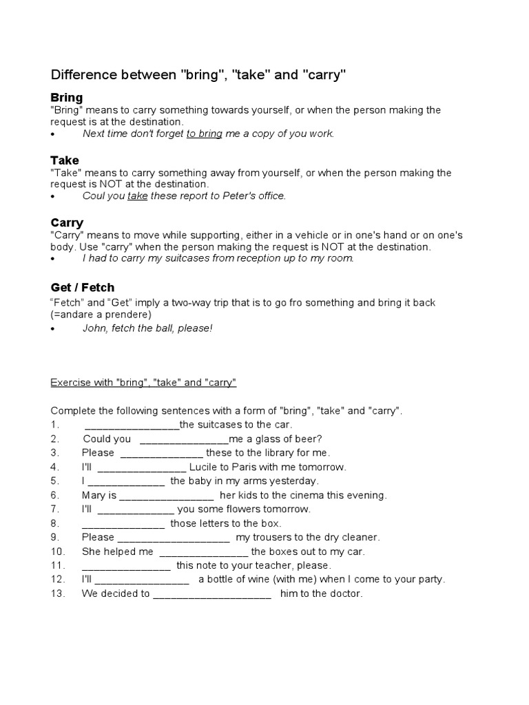Differences between bring, take and carry verbs | PDF