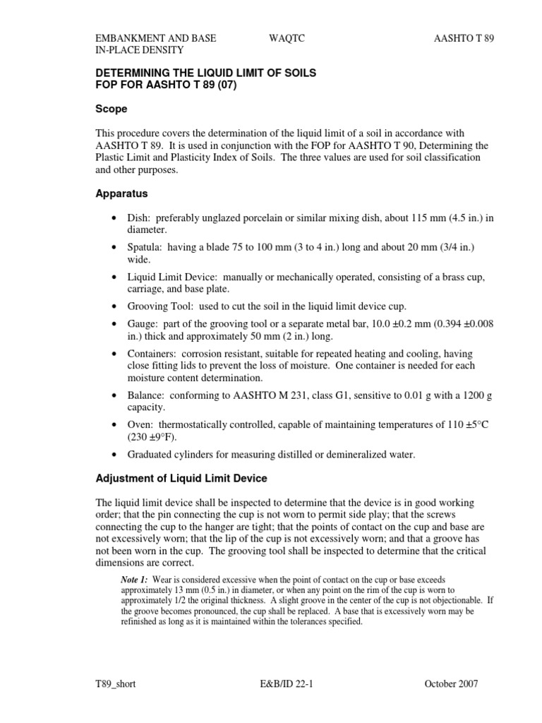 Aashto T 89 Liquid Limit Procedure Pdf Nature