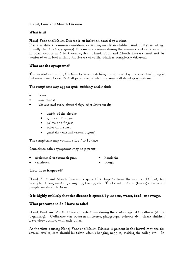 Hand, Foot and Mouth Disease What Is It? | PDF | Symptom | Virus