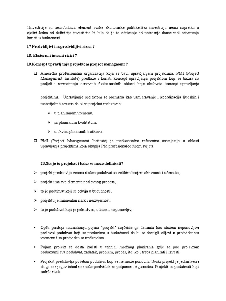 Pitanja I Odgovori (Menadzment Investicija I Projekata) | PDF