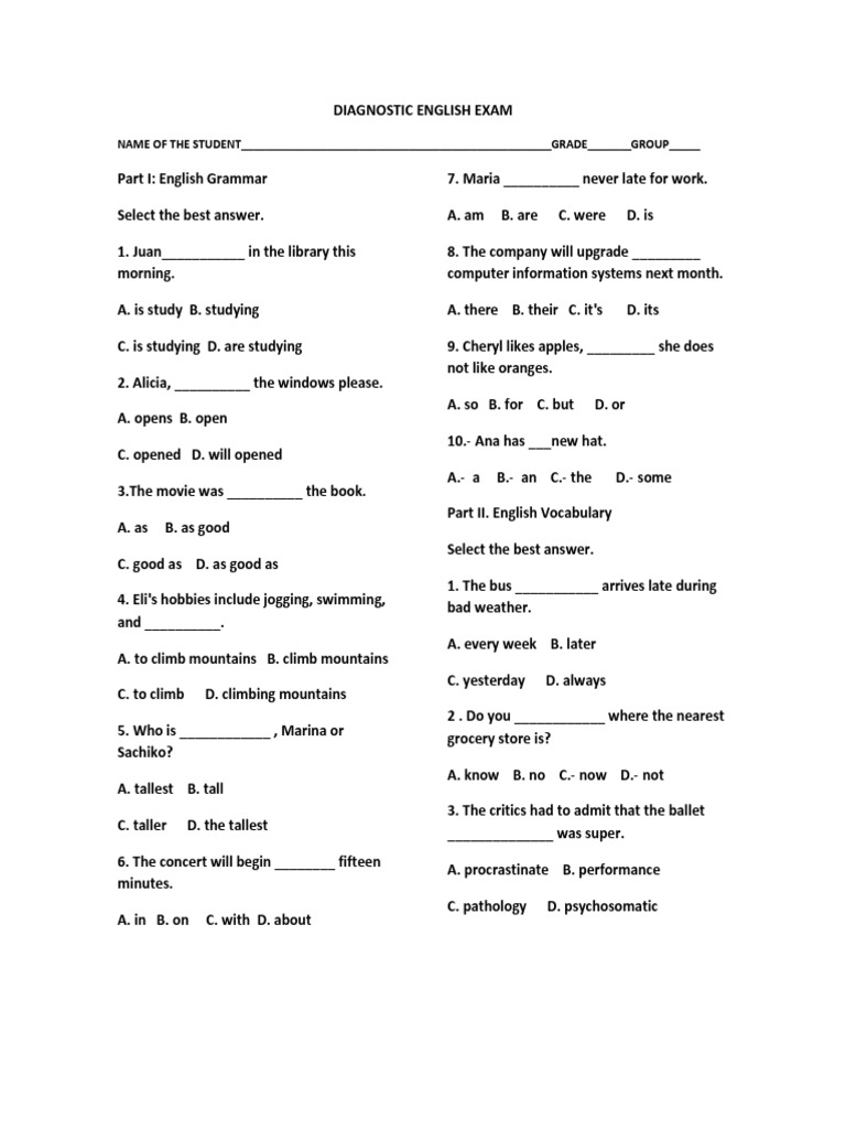 Diagnostic English Exam For Middle School Students | PDF