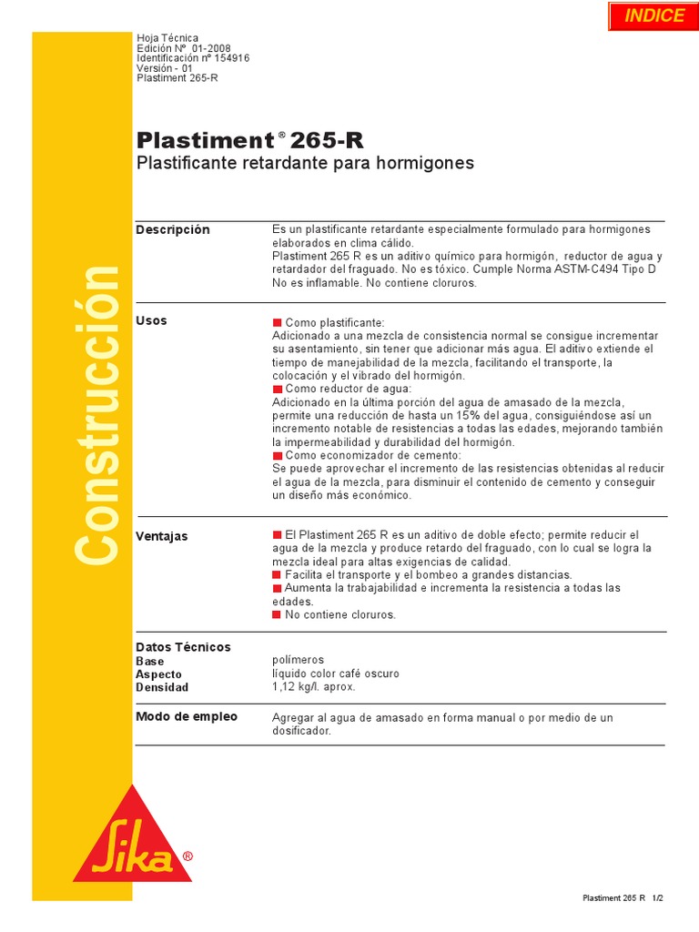 Plastiment 265 R | PDF | Cemento | Hormigón